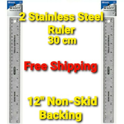 🆕Lot of 2 BAZIC(30 cm) Stainless Steel Ruler Non-Skid Backing 12 inch 1 ...