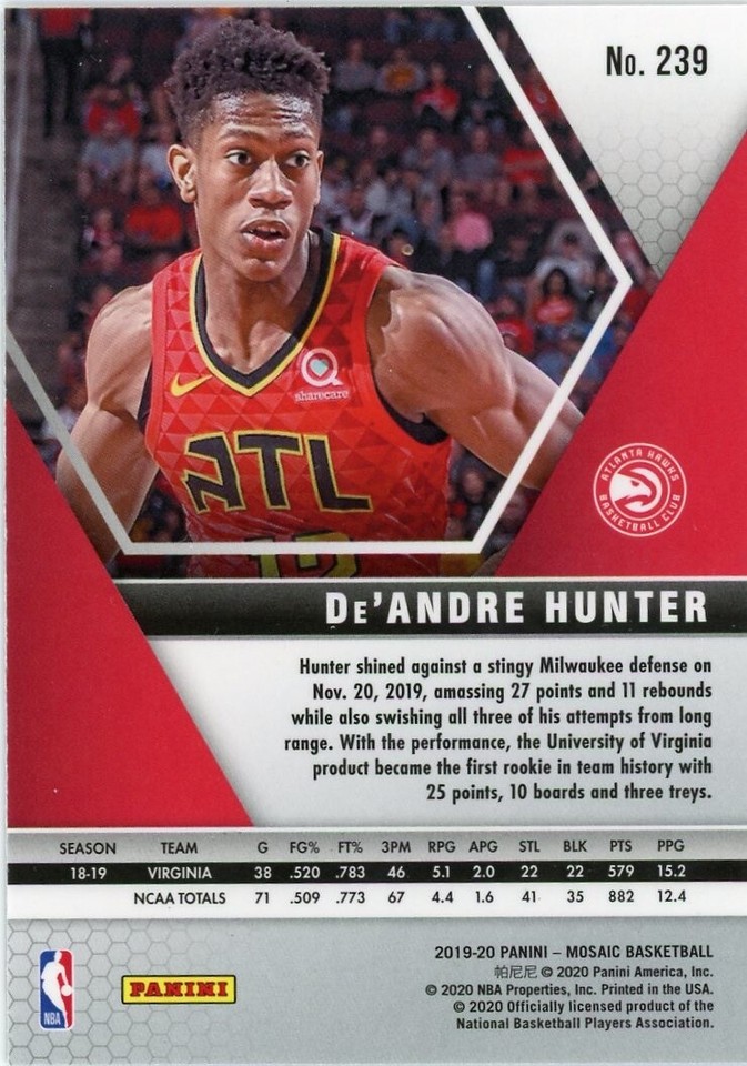 2019-20 Panini Mosaic DeAndre Hunter Rookie Atlanta Hawks NBA ...