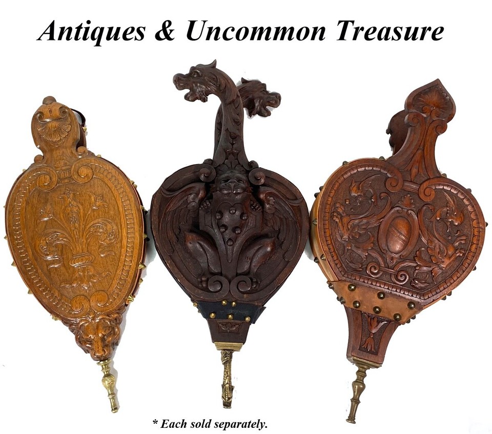 Antique Victorian Carved 16.25" Fireplace Bellows, Ornate with Winged ...