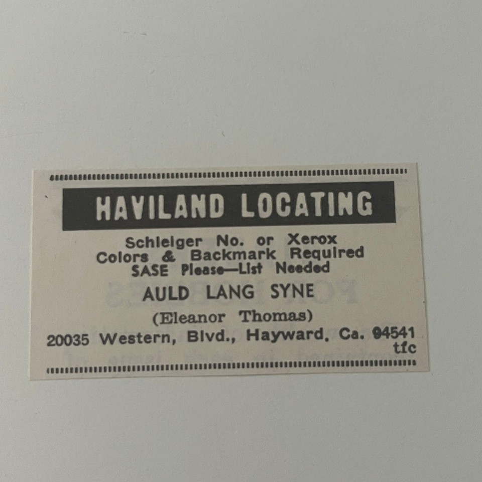 Auld Lang Syne Haviland Locating Eleanor Thomas Hayward CA 1973 Ad SAI4-S79 | eBay