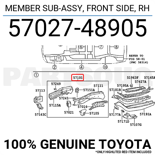 5702748905 Genuine Toyota MEMBER SUB-ASSY, FRONT SIDE, RH 57027-48905 ...