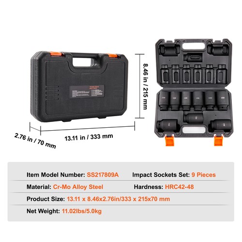 Impact Sockets Set 9pcs 6-Point 1/2in Metric Drive Bit Ratchet Tool Kit ...