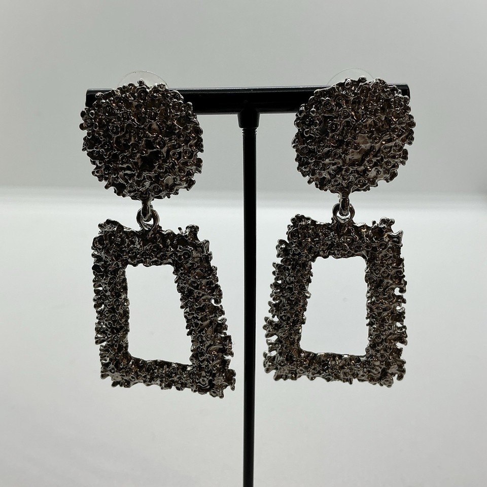 Boho Trendy SilverTone Rough Hollow Metal Rectangle Drop Dangle Pierced ...