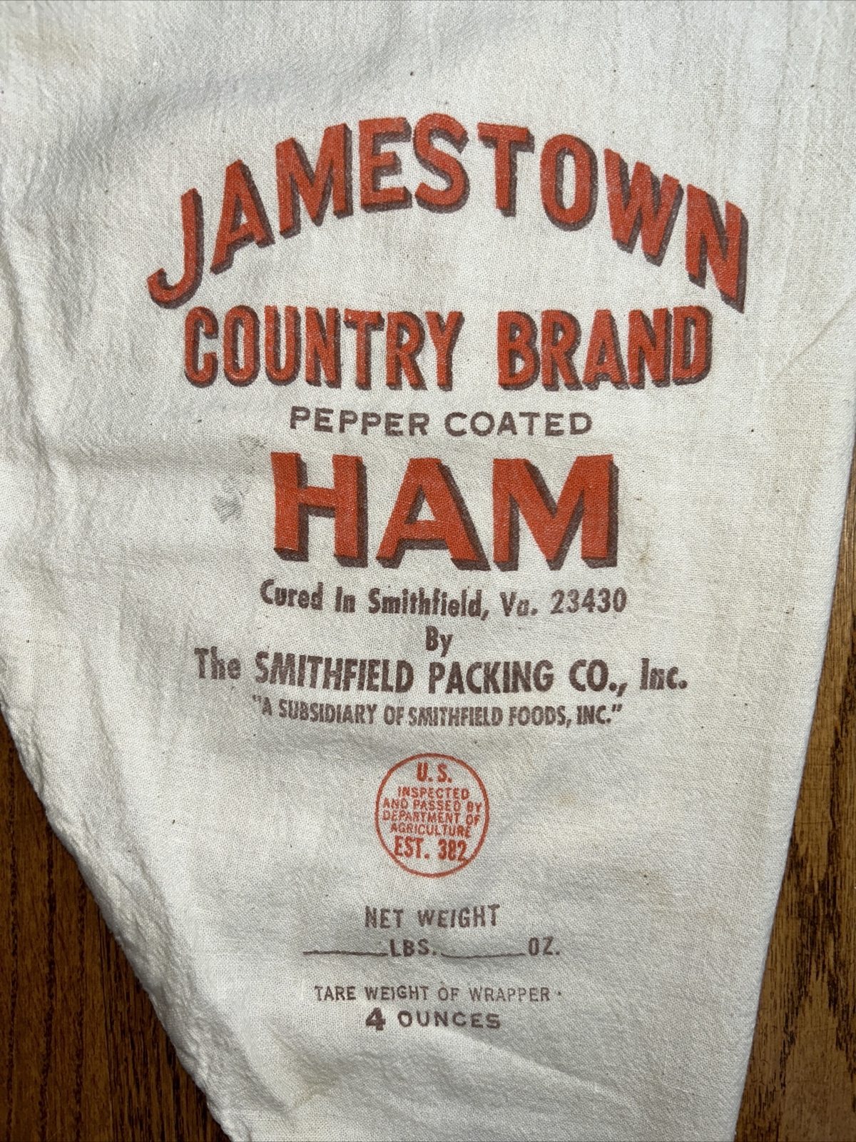 Vintage JAMESTOWN Country Brand Ham Smithfield Packing Cloth Bag ...