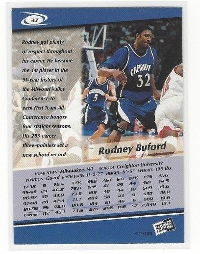 1999 PRESS PASS BASKETBALL BLUE TORQUERS RODNEY BUFORD #37 - CREIGHTON ...