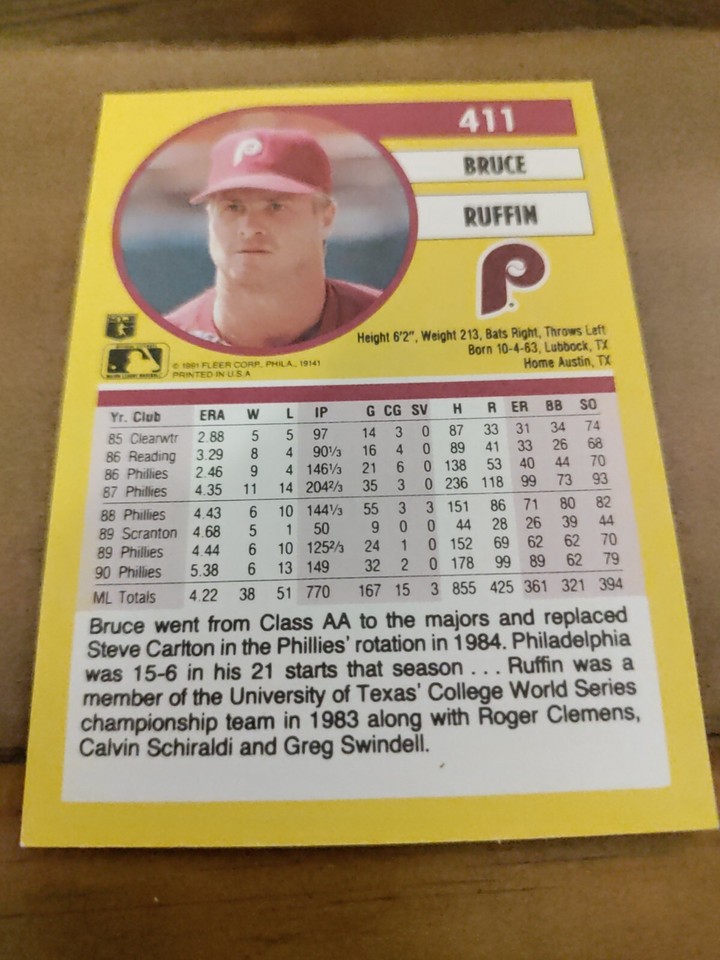 1991 Fleer Baseball Card Bruce Ruffin Pitcher Phillies #411 | eBay