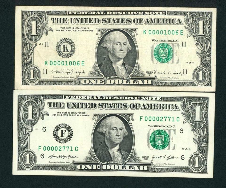 (( TWO NOTES - 4 DIGIT )) $1 1988/ 2021 Federal Reserve Note ** PAPER ...