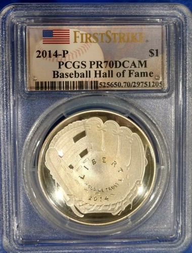 2014-P FIRST STRIKE, SILVER CURVED COIN PCGS PR70DCAM $1 Baseball Hall ...