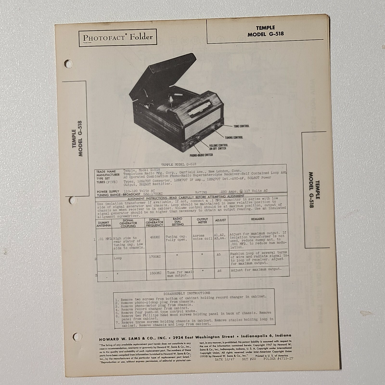 SAMS PHOTOFACT SERVICE MANUAL 29-27 TEMPLE RADIO PHONO G-518 | eBay