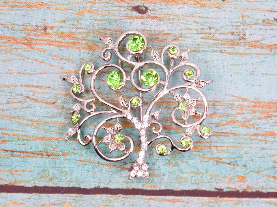 Green Crystal Tree of Life Pin Brooch with Clear Crystals and Silver ...