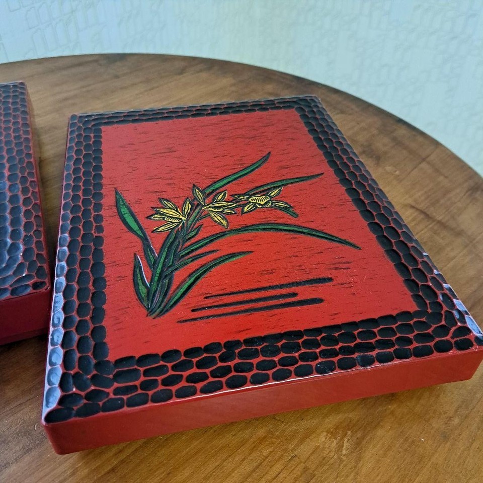 Two Red Plastic Letter Boxes with Hand-Carved Lacquer Finish | eBay