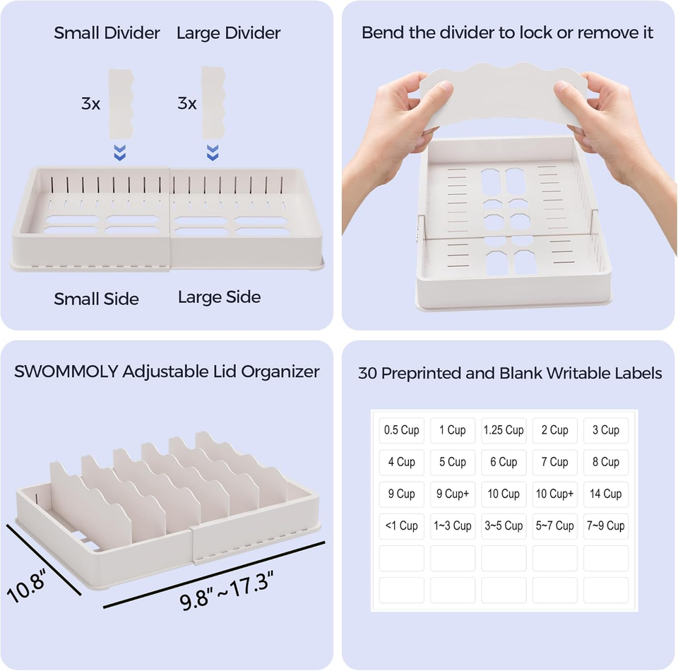 SWOMMOLY Expandable Food Storage Container Lid Organizer, Includes 6 ...