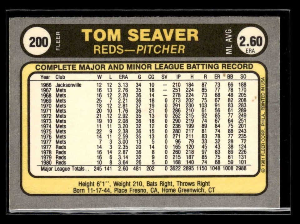 1981 Fleer Tom Seaver #200 Cincinnati Reds Signed/Auto JX8903 | eBay