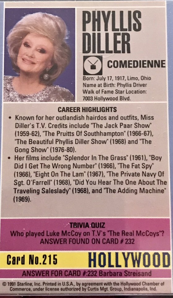 Hollywood Walk Of Fame 1992 Autograph Card # 215 Phyllis Diller | eBay