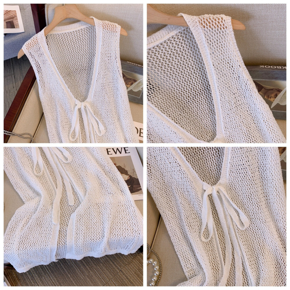 Women Hollow Out Waistcoat Gilet Cardigan Tank Tops Long Net Knitted ...