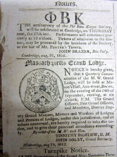 1812 newspaper w EARLY front page AD for PHI BETTA KAPPA at HARVARD ...
