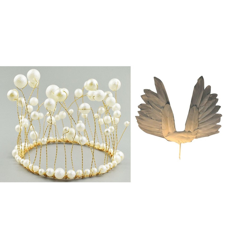 2pcs Birthday Cake Crown Decoration Angel Wings Topper Cake Insert ...