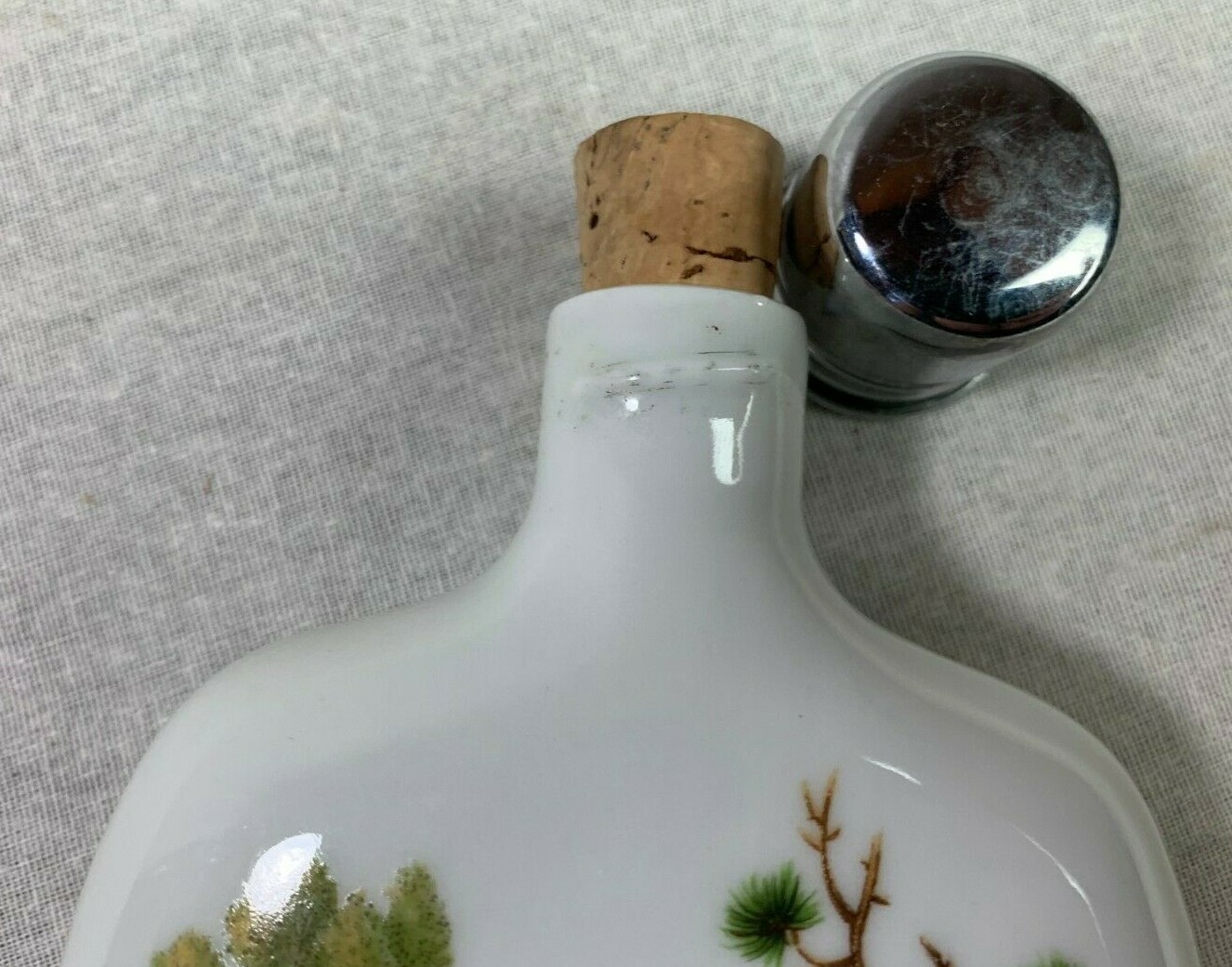 VTG Funny Design W. Germany Bottle Flask Pheasant milk glass cork metal ...