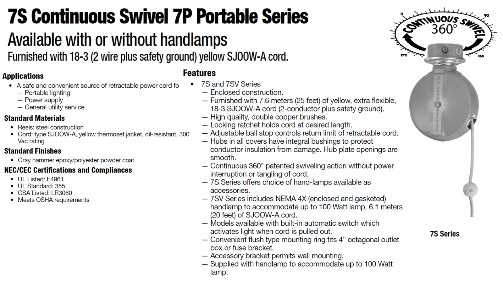 Appleton Reelite RE-7S2G Retractable Power Cord w/Continuous Swivel 4A ...
