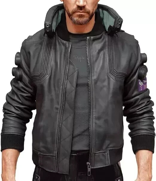 Men's Samurai Cyberpunk 2077 Bomber Black Leather Jacket Gaming Biker ...