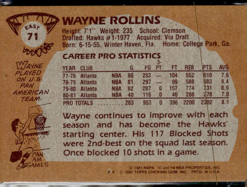 1981 Topps #E71 Tree Rollins (A) Atlanta Hawks | eBay