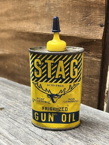 VTG STAG GUN OIL Handy Oiler Plastic Top Spout Rare Old Household Tin ...