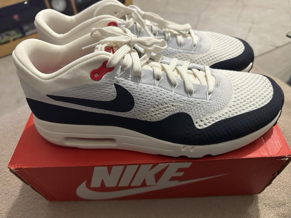 *Brand New Nike Air Max 1 Ultra 2.0 Flyknit Trainers Red White Blue UK ...