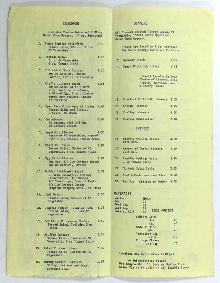 1960's Menu SKINNY BUFFET Healthy Restaurant Huntington Beach Fountain ...
