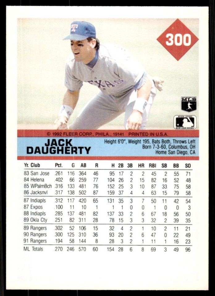 1992 Fleer Baseball Card Jack Daugherty Texas Rangers #300 | eBay