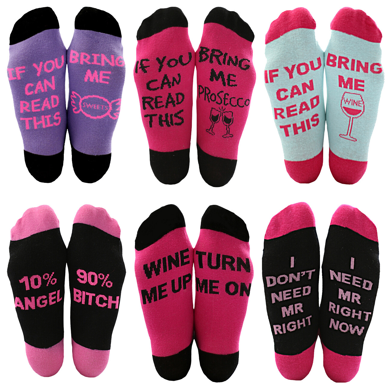 Womens Ladies Novelty Socks 6 Pairs Cotton Rich Funny Slogan Everyday ...