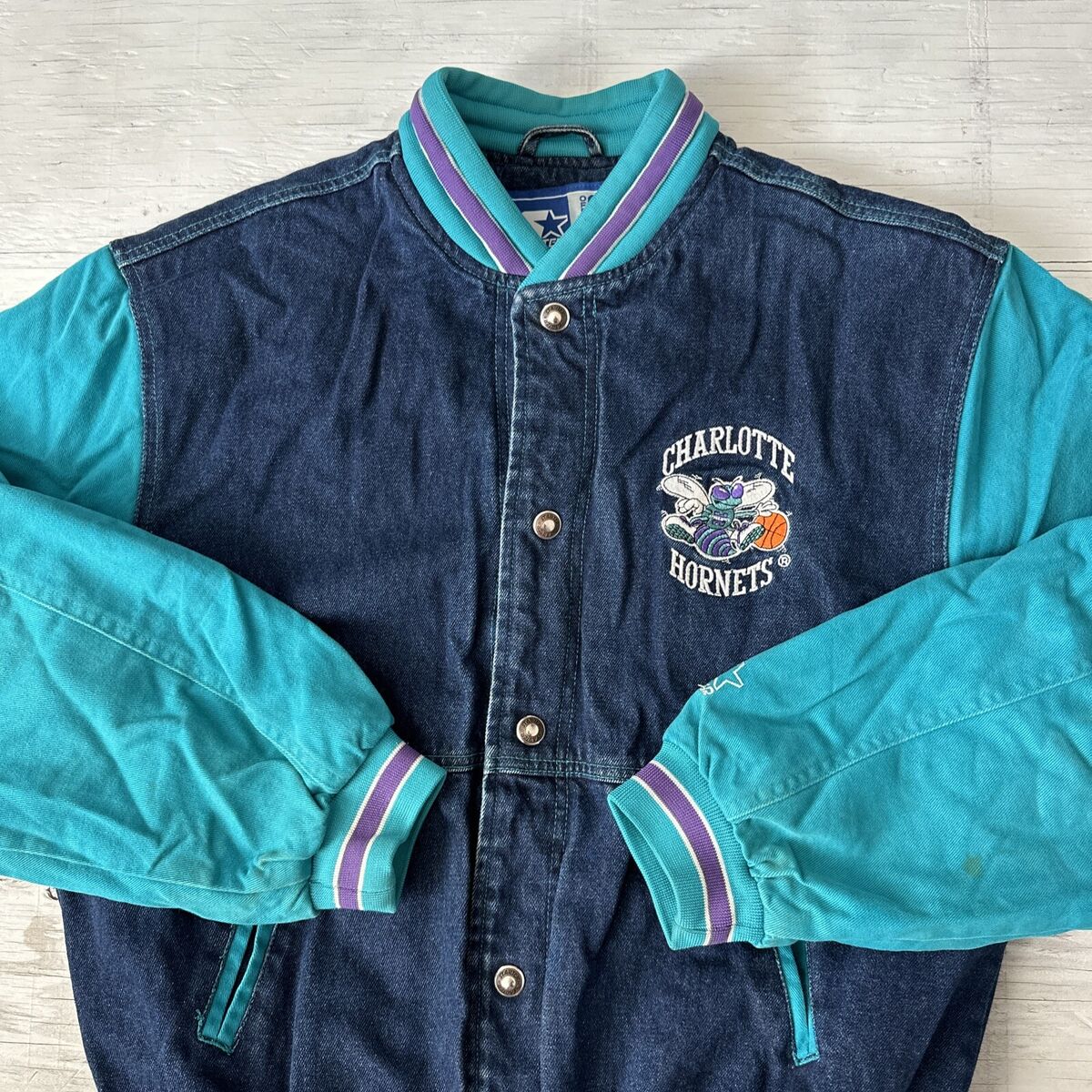 Vintage 90s Rare NBA Charlotte Hornets Starter Denim Varsity Vintage 90s Rare NBA Charlotte Hornets Starter Denim Varsity
