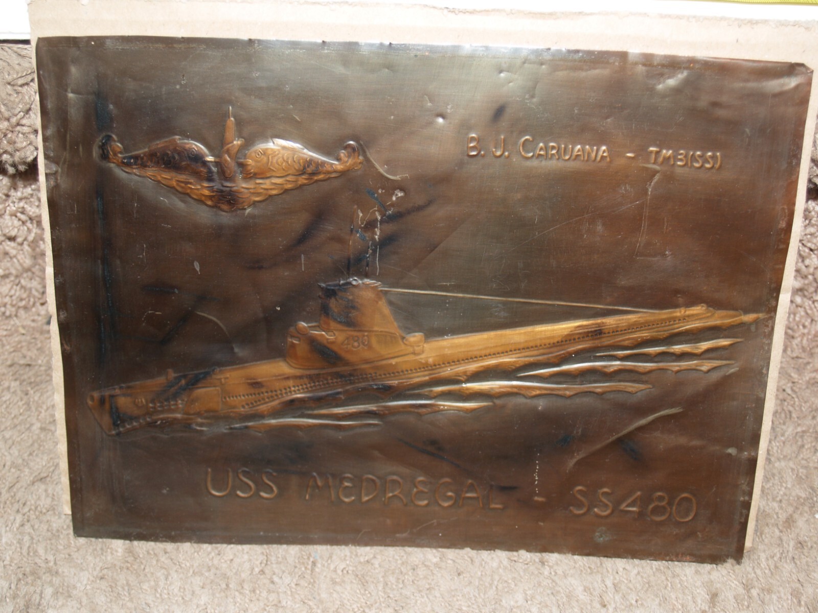 Vintage Hand Made Copper Engraving placard WWII USS Medregal (SS-480 ...