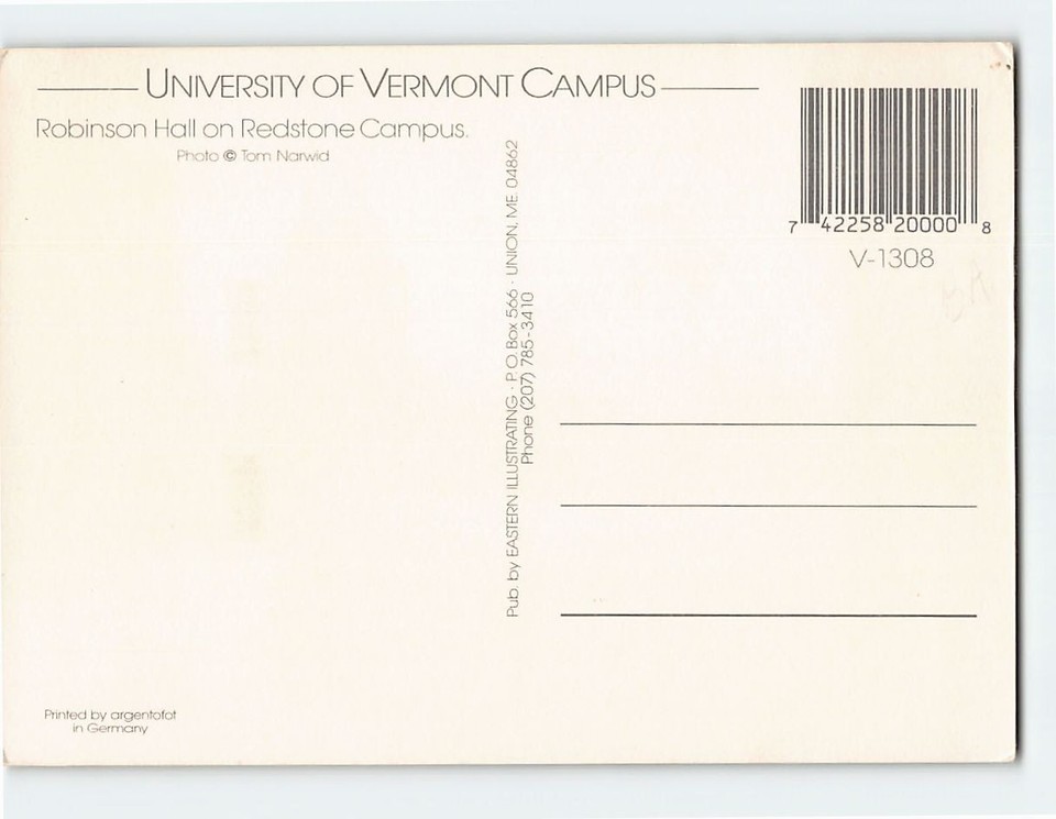 Postcard Robinson Hall on Redstone Campus University of Vermont USA | eBay