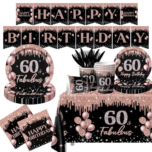 142Pcs 60th Birthday Tableware Decorations for WomenHappy 60th Black ...