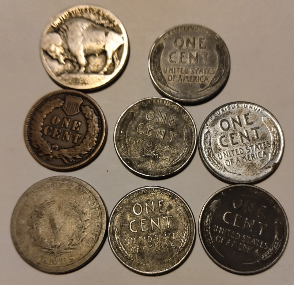 8 COIN LOT ~ Indian Head Penny ~ Buff Nickel ~ Lib V Nickel ~ Steel ...
