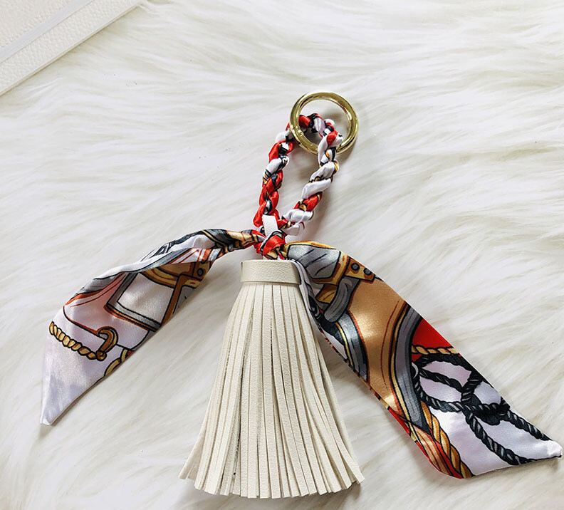 Classic Satin Scarf Tassel Faux Leather Key Chain Pendant Bag Charm Car ...