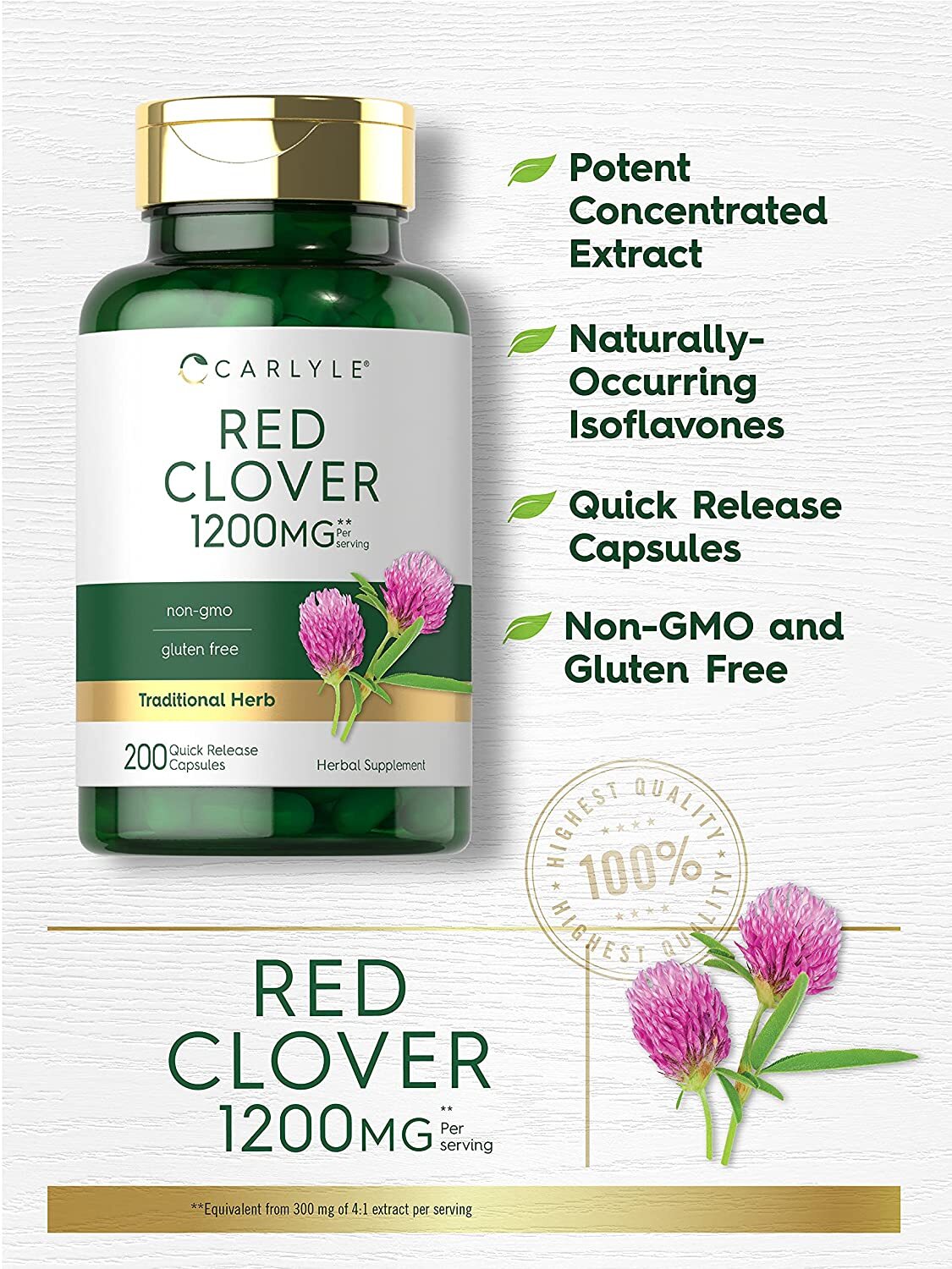 Red Clover Capsules 1200mg | 200 Count | Non-GMO, Gluten Free | by ...