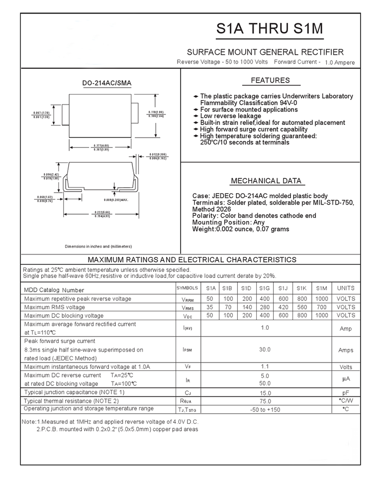 1A 2A 1000V General Purpose Diode S1M S2M SMA SO-214AC SMT Rectifier ...