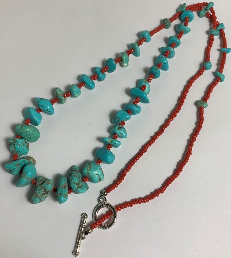 Ethnic gradual turquoise nuggets/red seed beads necklace/23" (t702b-w0 ...