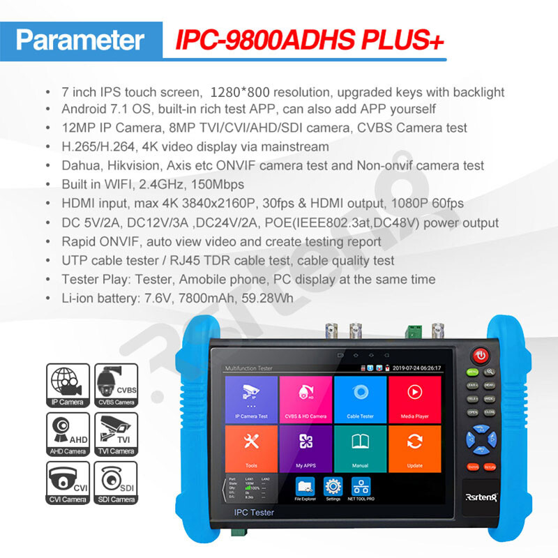 Rsrteng IPC-9800ADHS Plus 4K CCTV Tester AHD CVI TVI SDI CVBS Camera ...