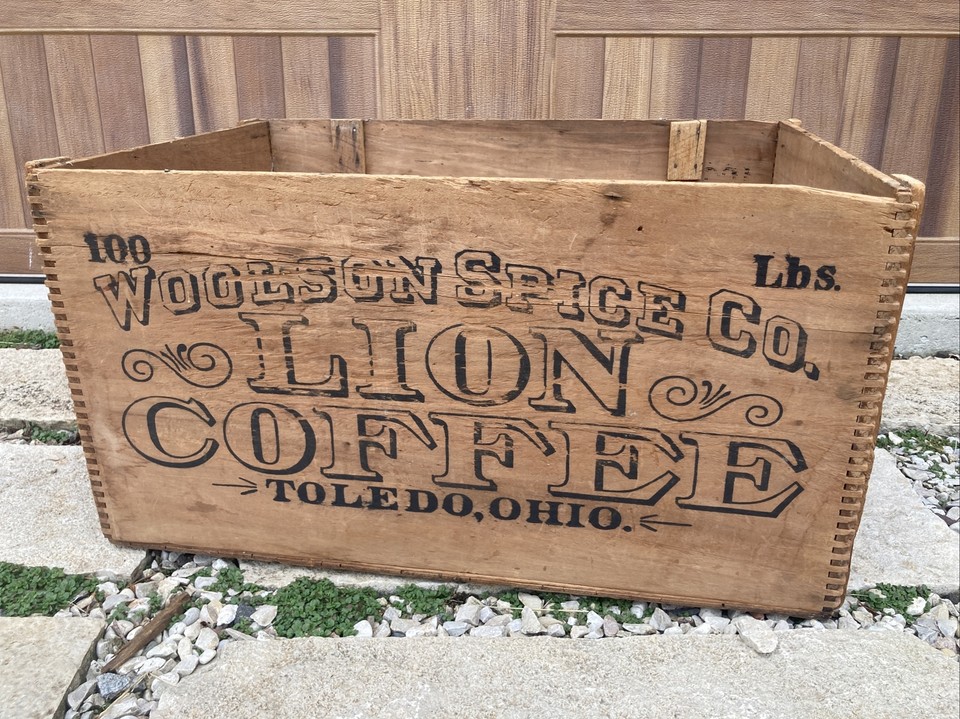XL Vintage Wooden Crate Woolson Spice Lion Coffee Toledo Ohio Wood Box ...