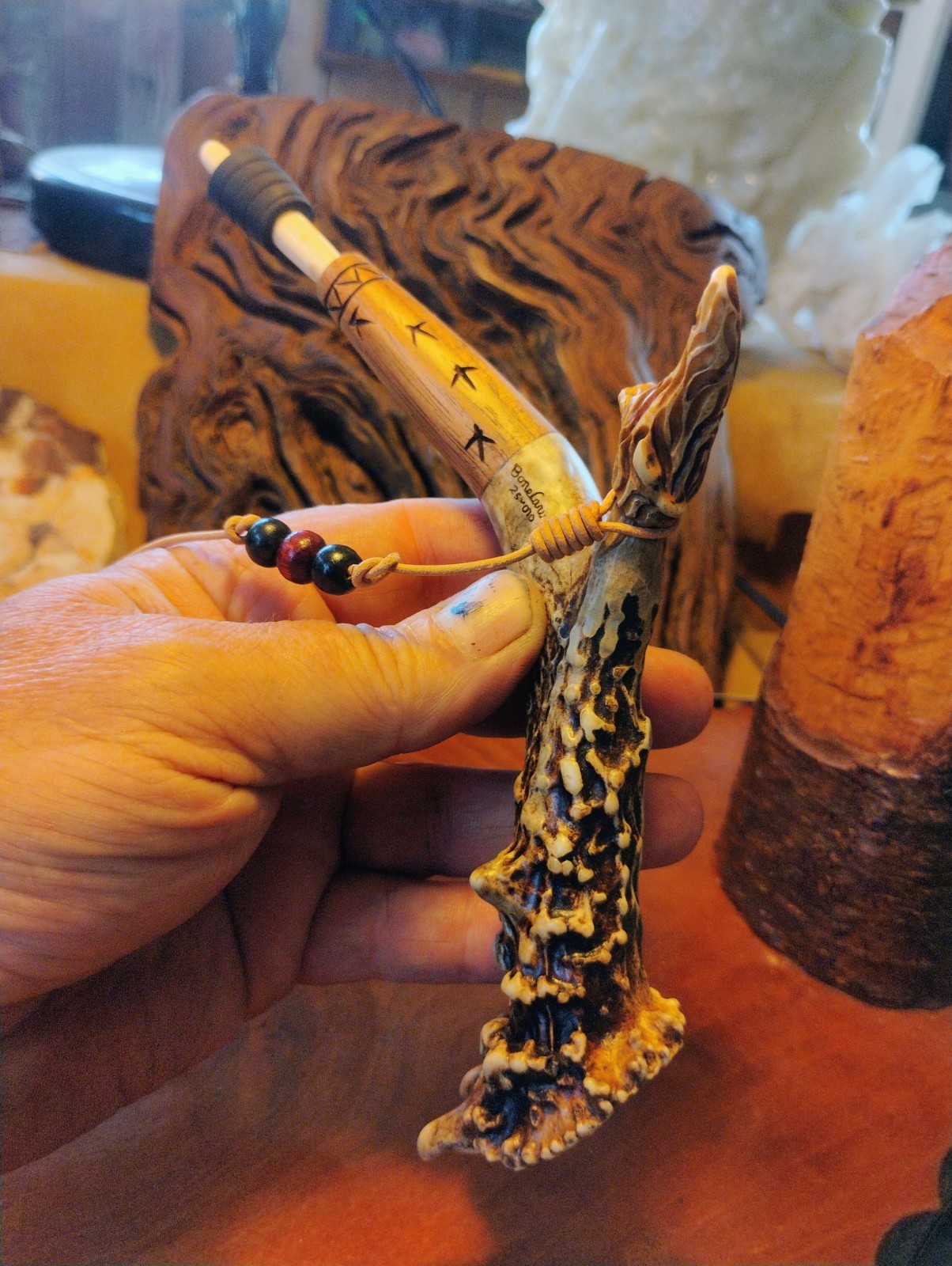 Carved Deer Antler Turkey Call with Morel Mushroom, New, Free Shipping