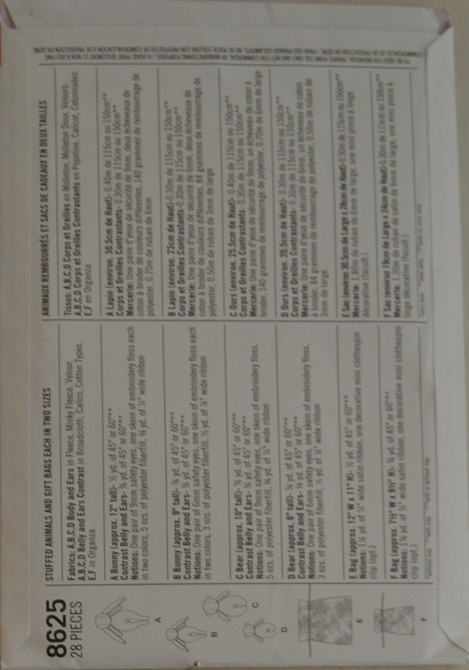 Simplicity- 8625 - Stuffed Animals and Gift Bags in two sizes | eBay