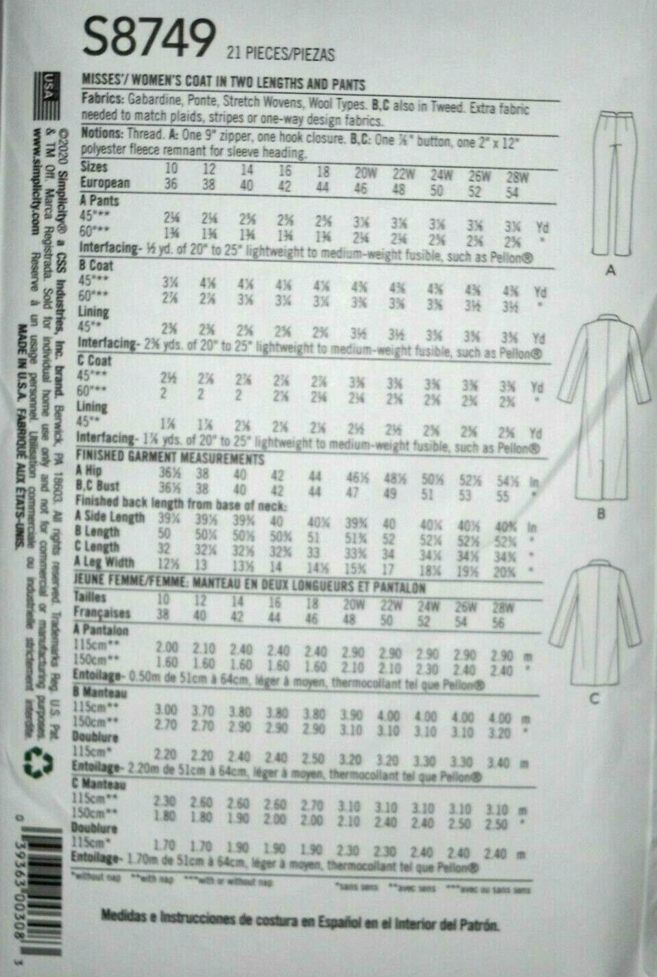 Mimi G Simplicity Sewing Pattern 8749 Women's Coat& Pants Size 20w-28w ...