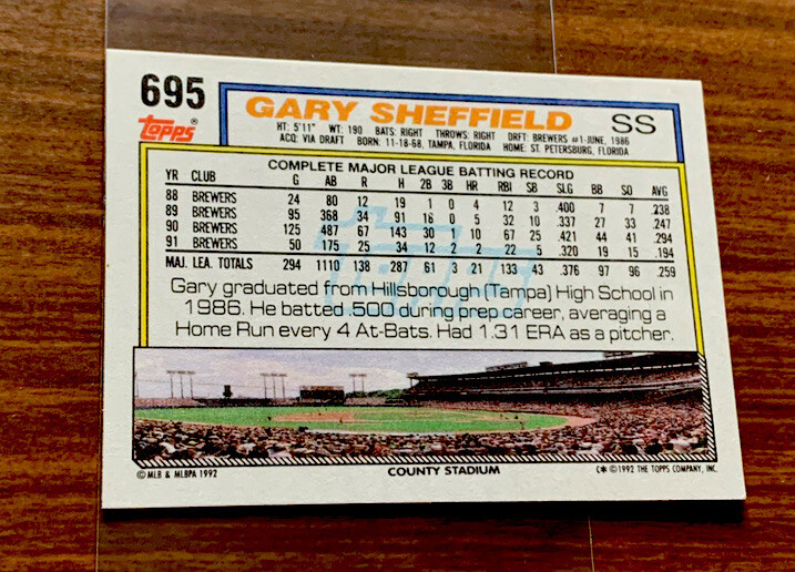 GARY SHEFFIELD 1992 Topps Baseball Card # 695, Milwaukee Brewers | eBay