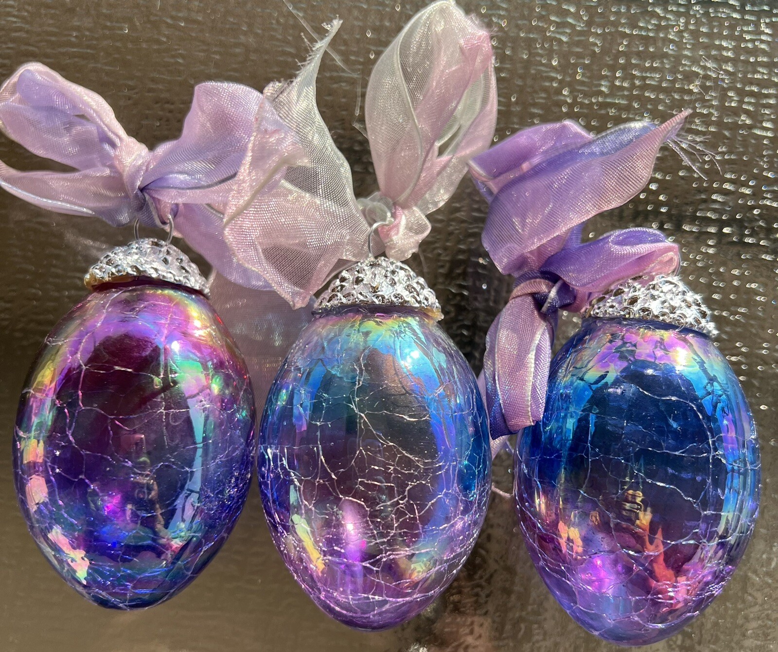 Set Of 3 Purple & Pink Crackle Glass Ornaments Iridescent Easter Egg ...