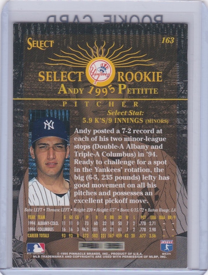 ANDY PETTITTE ROOKIE CARD Select Baseball RC Houston Astros NEW YORK ...