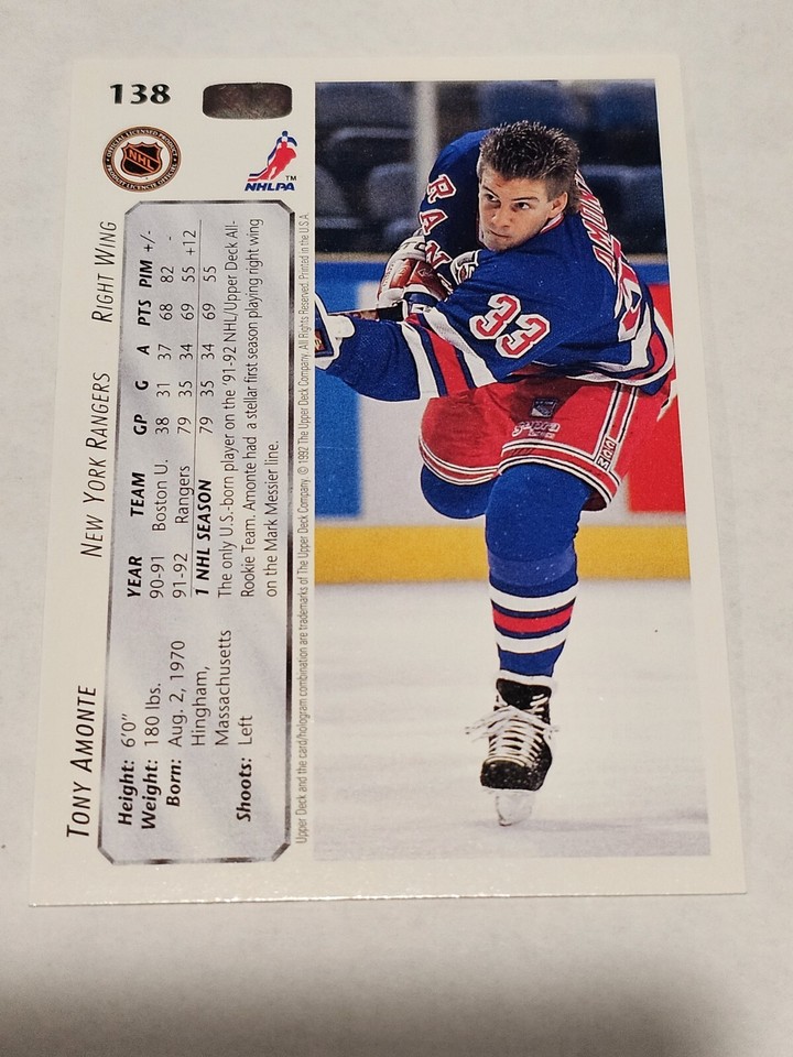 1992-93 Upper Deck #138 Tony Amonte New York Rangers Hockey Card | eBay