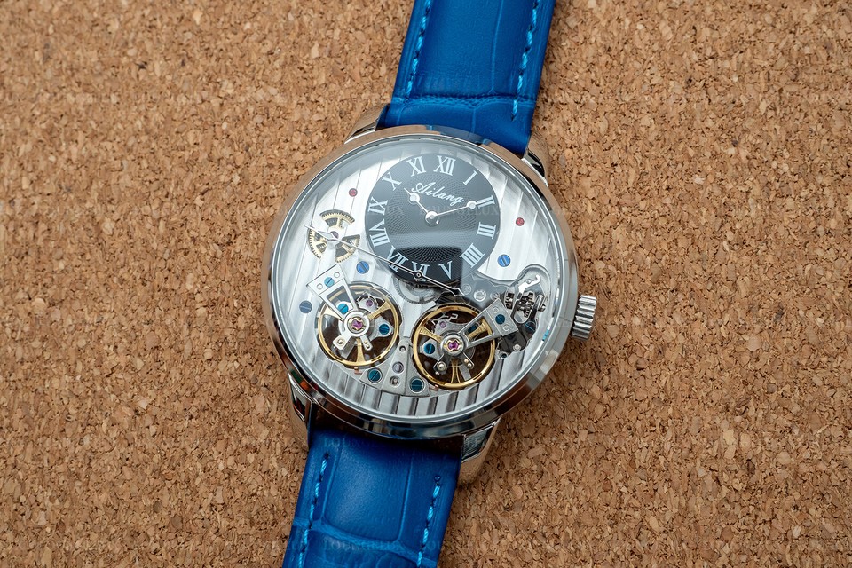 Mens Double Flywheel Automatic Mechanical Watch Silver Black Dial Blue ...