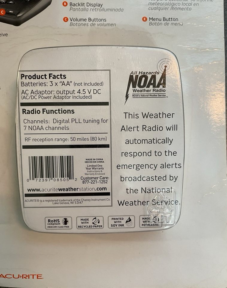 Acurite NOAA Weather Alert Radio Specific Area Message Encoding AC ...